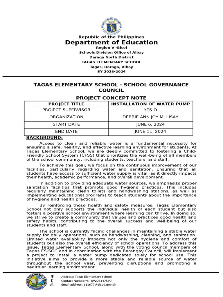 SGC Project Concept - Installation of Water Pump | PDF | Sanitation | Water