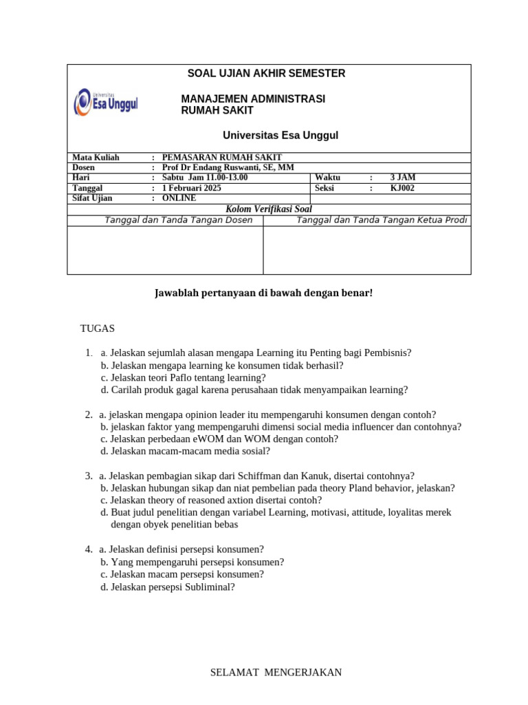 UAS- M. Pemasaran RS-KJ002-Prof Dr Endang R | PDF