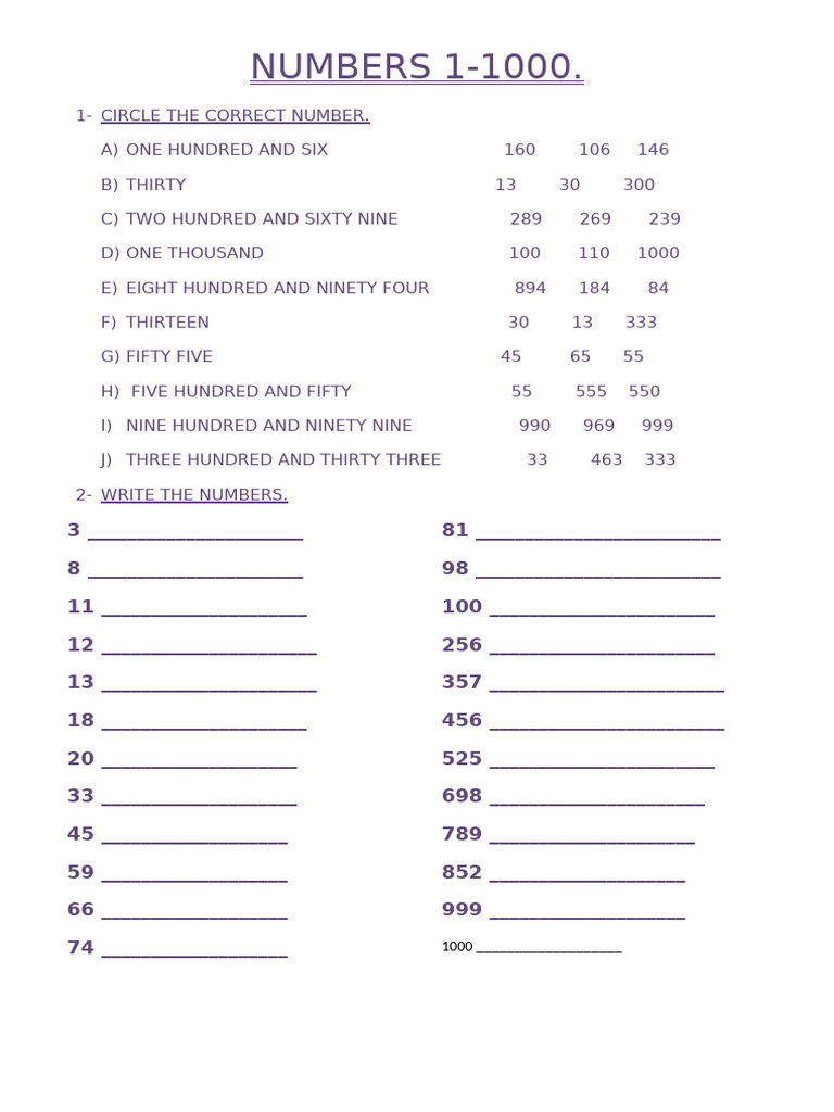 Numbers 1-1000 Practice Worksheet | PDF