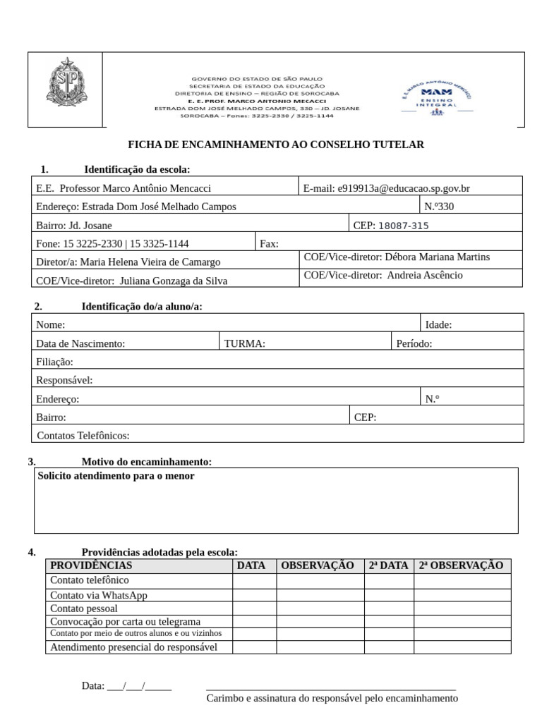 Ficha de Encaminhamento ao Conselho Tutelar | PDF