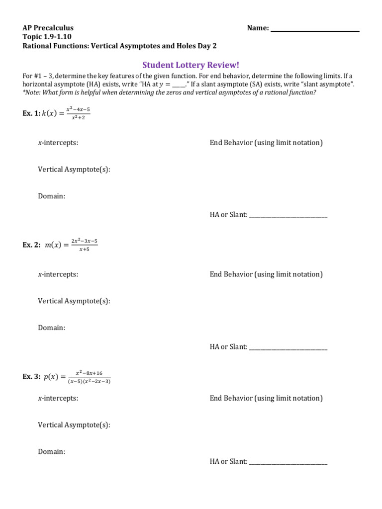 1.9-1.10 Vertical Asymptotes and Holes Day 2 (Student Lottery) | PDF ...