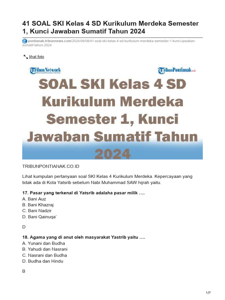 41 SOAL SKI Kelas 4 SD Kurikulum Merdeka Semester 1 Kunci Jawaban Sumatif Tahun 2024 | PDF