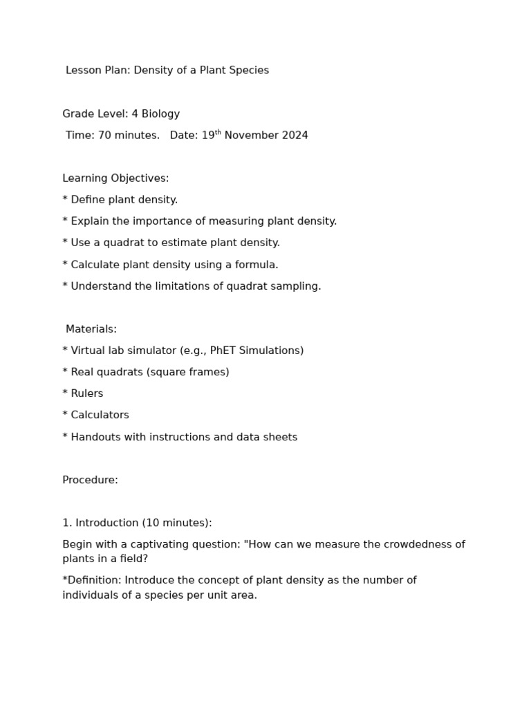 Plant Density Lesson Plan for Grade 4 | PDF | Simulation | Species