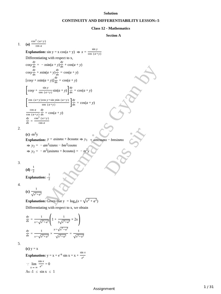 Class 12 Continuity & Differentiability Solutions | PDF | Functions And Mappings | Algebra