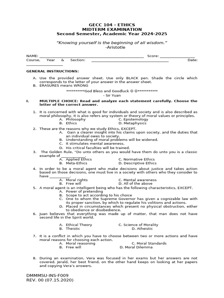 GECC 104 Midterm Exam - Second Sem - AY 2024-2025 - 2 | PDF | Morality ...
