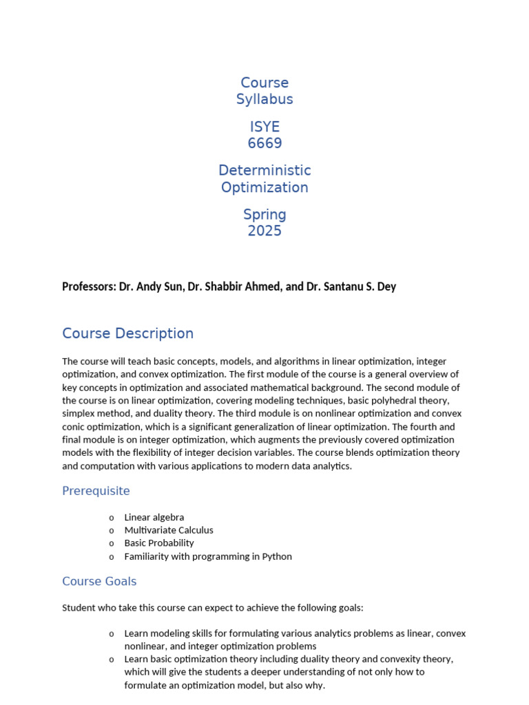ISYE6669 Syllabus Spring 2025 V 2 | PDF | Mathematical Optimization | Linear Programming