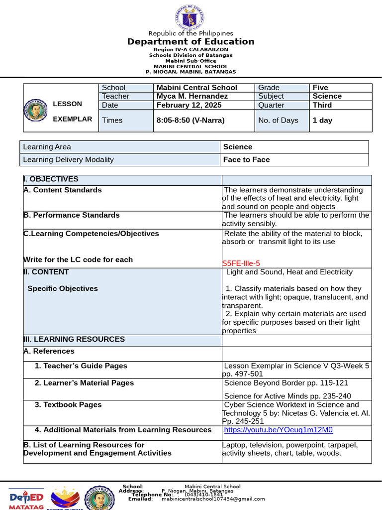 Grade V Narra Lesson Plan | PDF | Light | Mirror