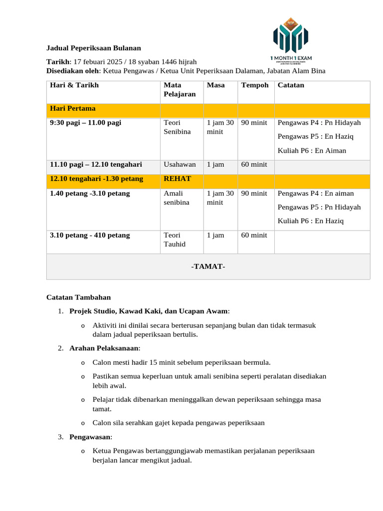 Jadual Peperiksaan Bulanan | PDF