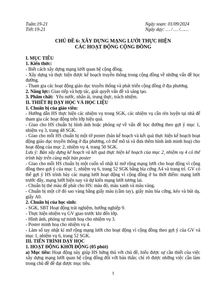 Giao An HDTN 9 CTST Ban 1 Ki 2 Cv5512 | PDF