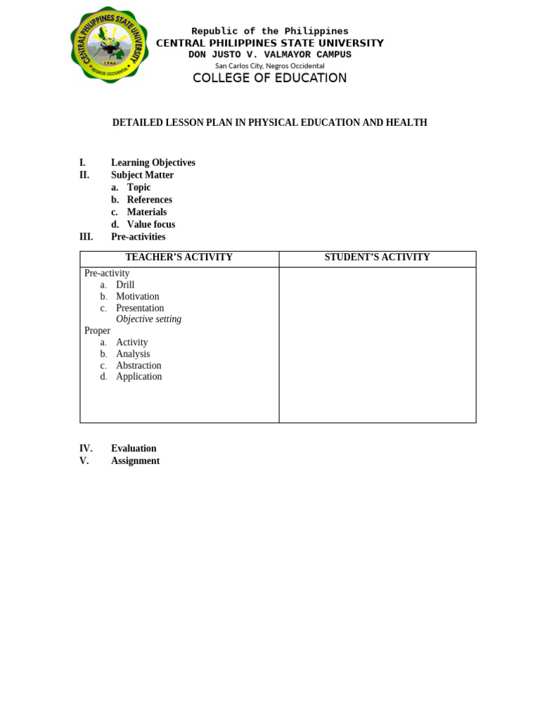 DETAILED LESSON PLAN IN PHYSICAL EDUCATION AND HEALTH | PDF