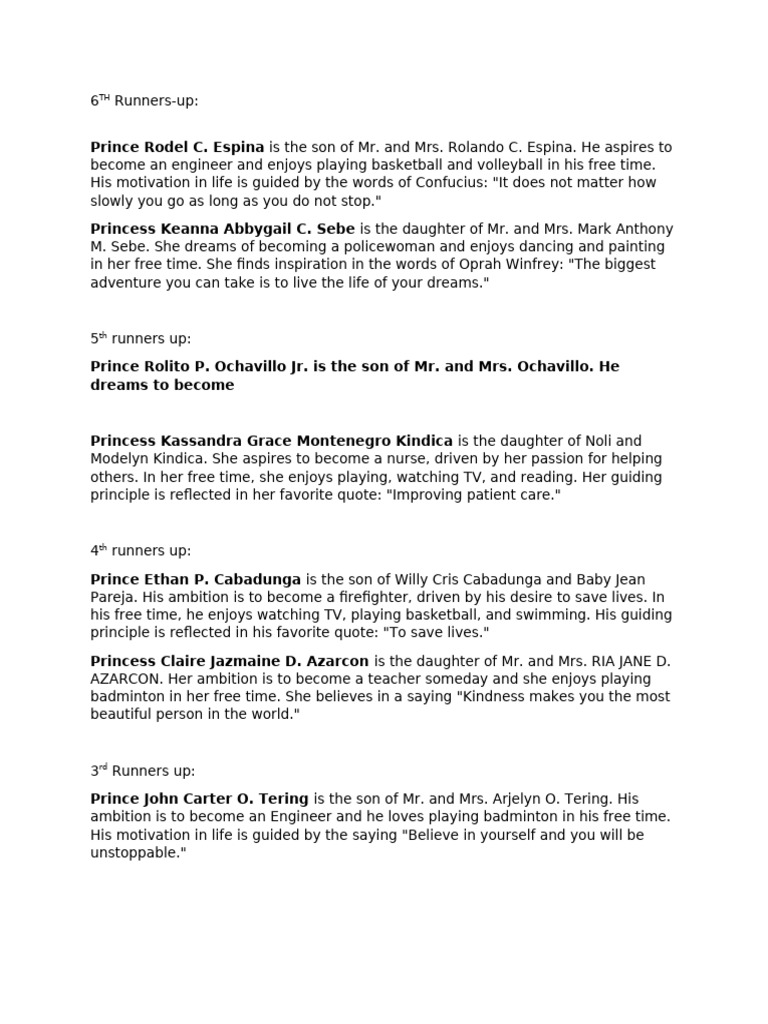 Basic Info Runners Up | PDF