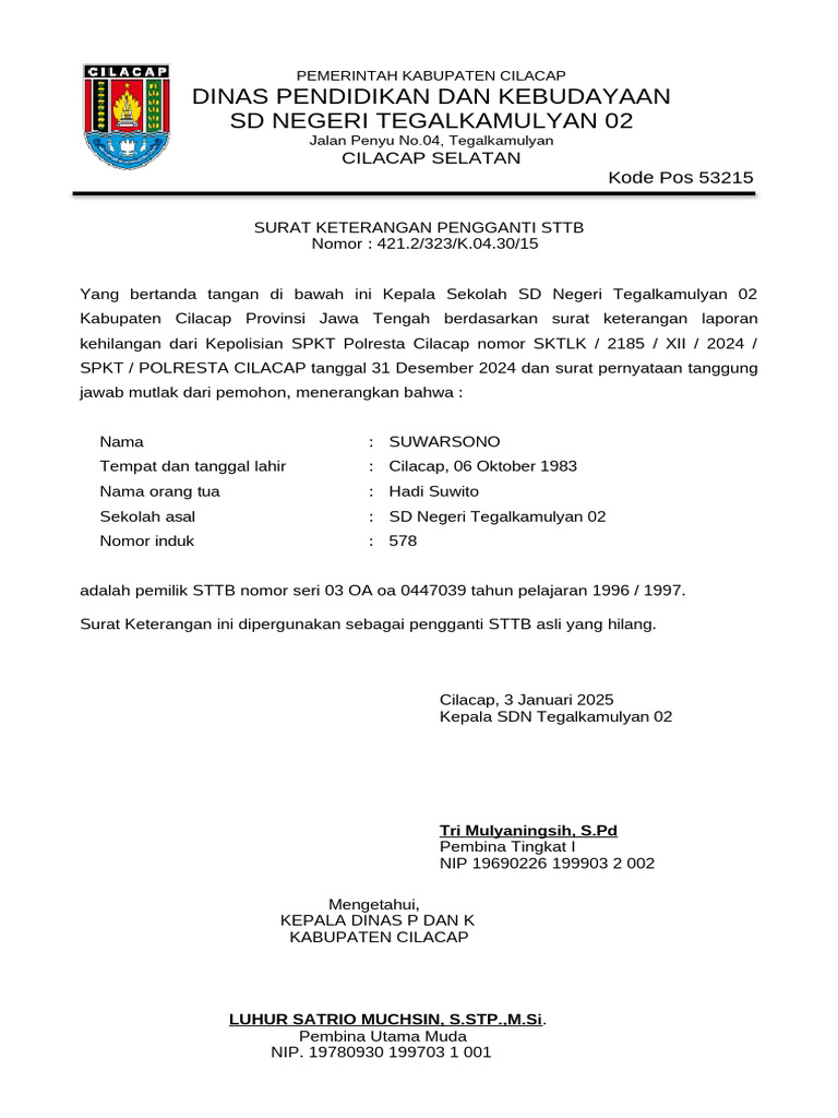 Surat Keterangan Pengganti STTB | PDF