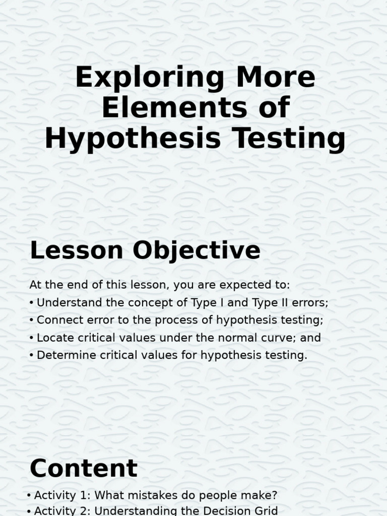 ppt13. Exploring More Elements of Hypothesis Testing | PDF | Type I And ...