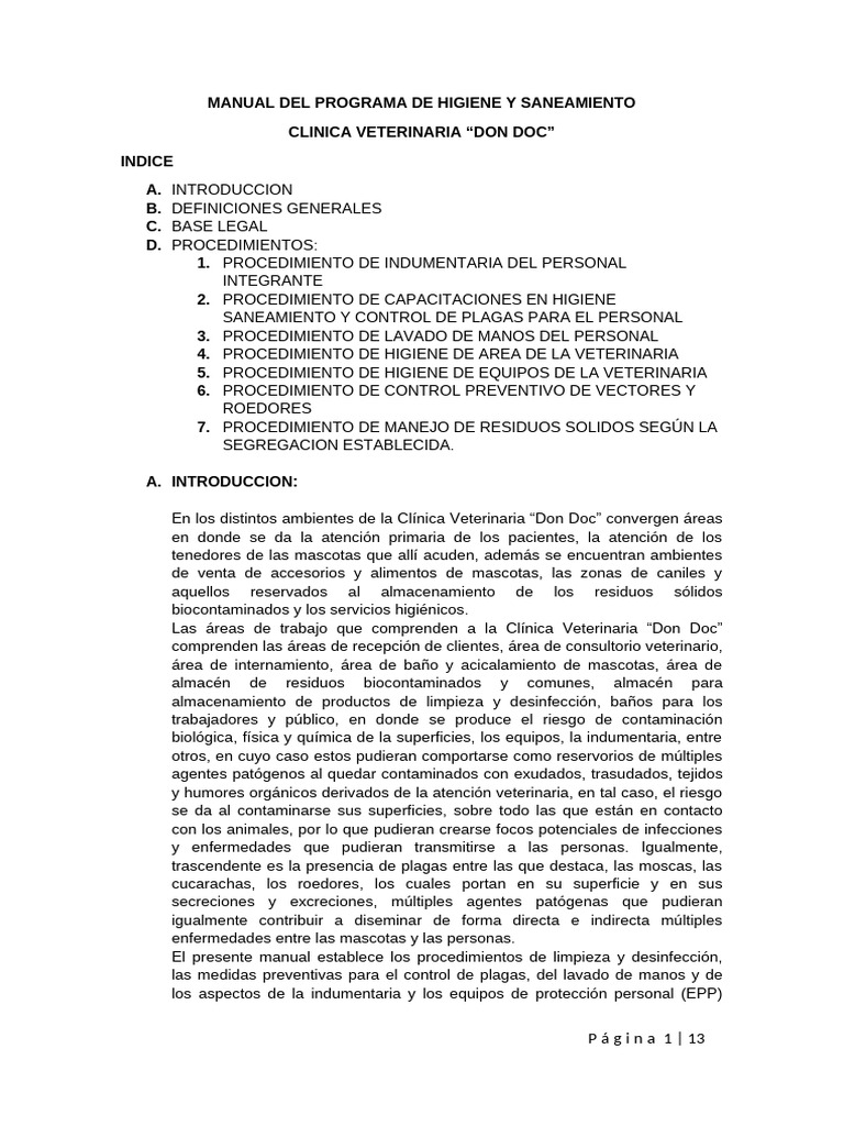 Manual Del Programa de Higiene y Saneamiento Don | PDF | Lavado de manos | Lavabo