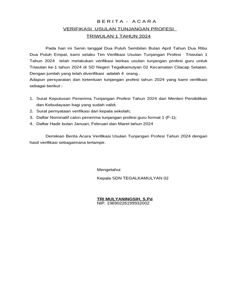 Template Pemberkasan TPG TW 1 Tahun 2024 | PDF