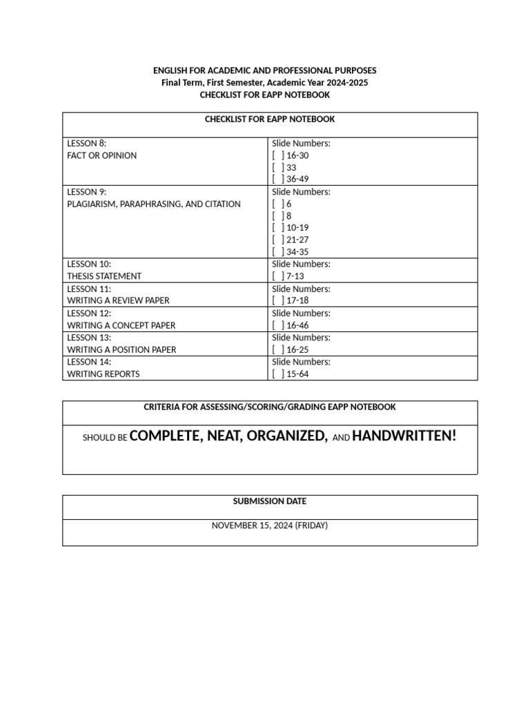 Checklist Criteria and Submission Date For Eapp Notebook | PDF