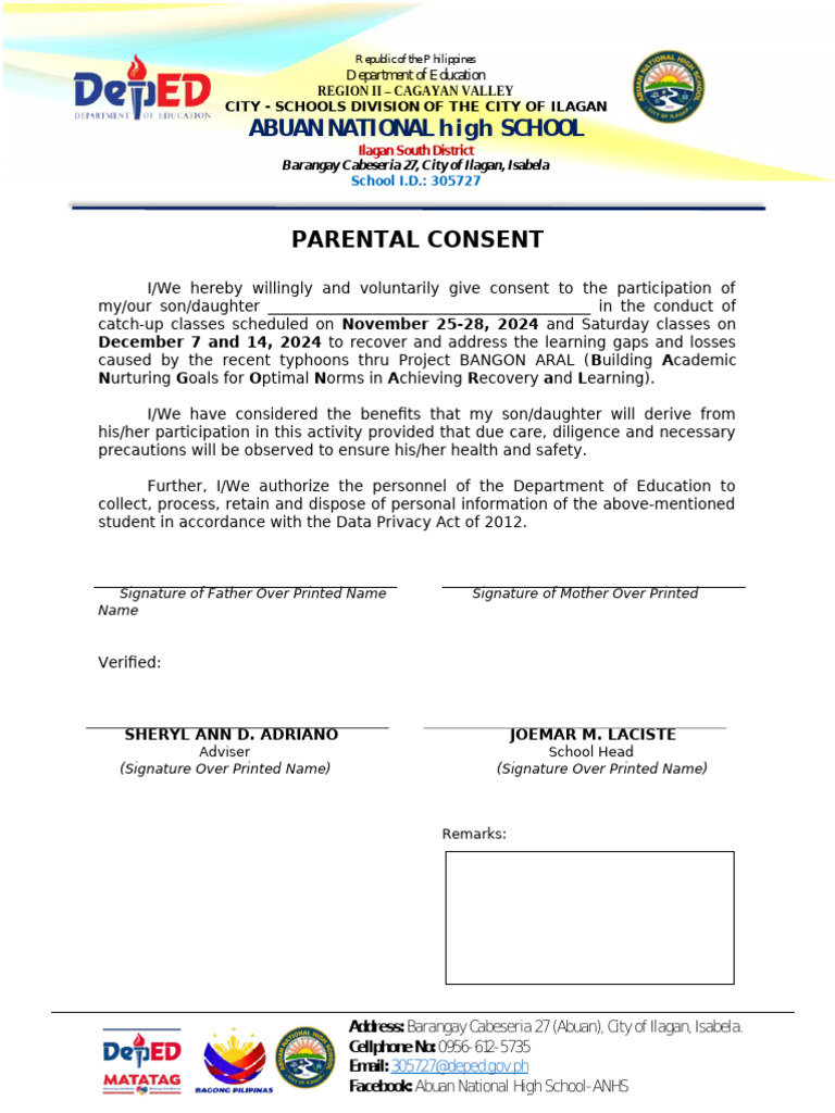 Parent Consent for BANGON ARAL Program | PDF