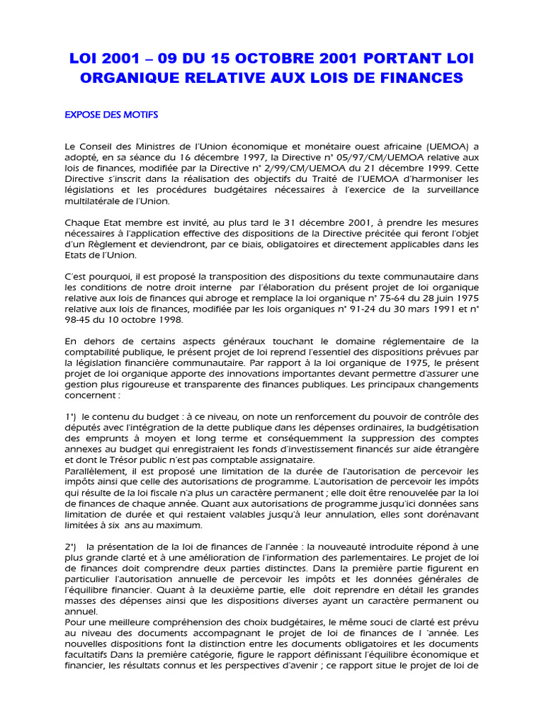 Loi Organique sur les Finances au Sénégal | PDF | Crédit | Finance et ...