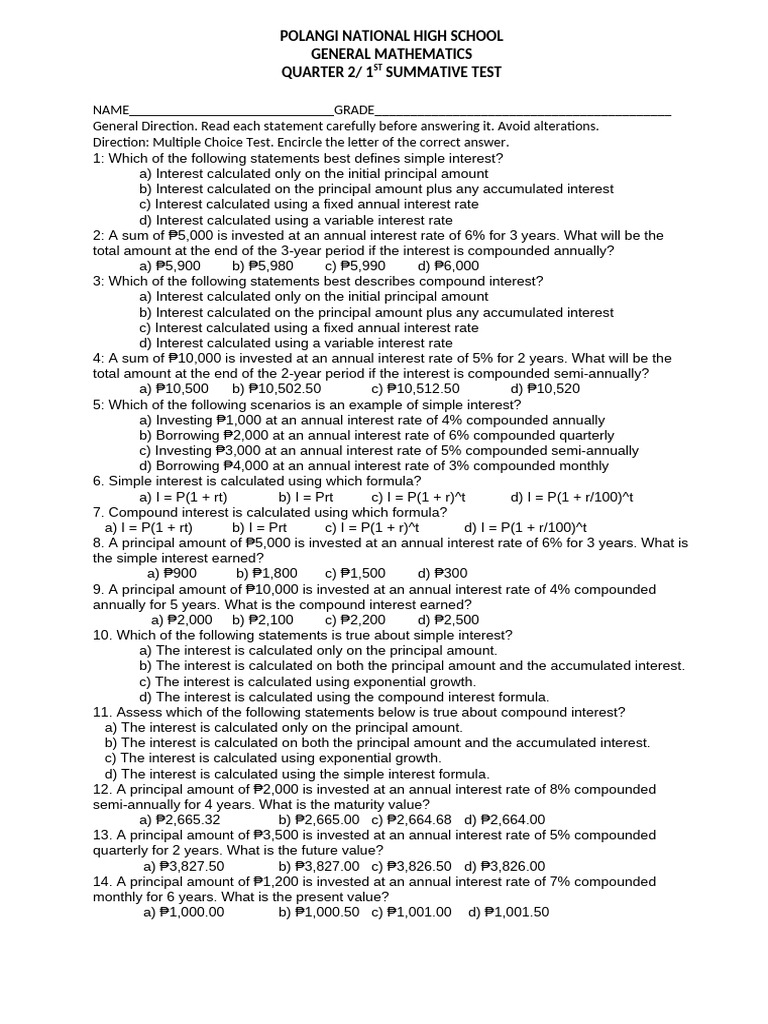 2nd QRT 1st Summative Gen Math | PDF | Interest | Present Value