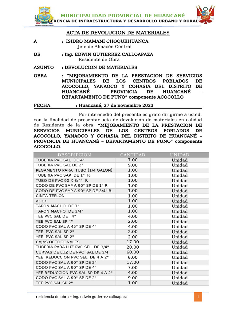 Acta de Devolucion de Materiales Ficticios Nuevo | PDF | Equipo | Ingeniero civil