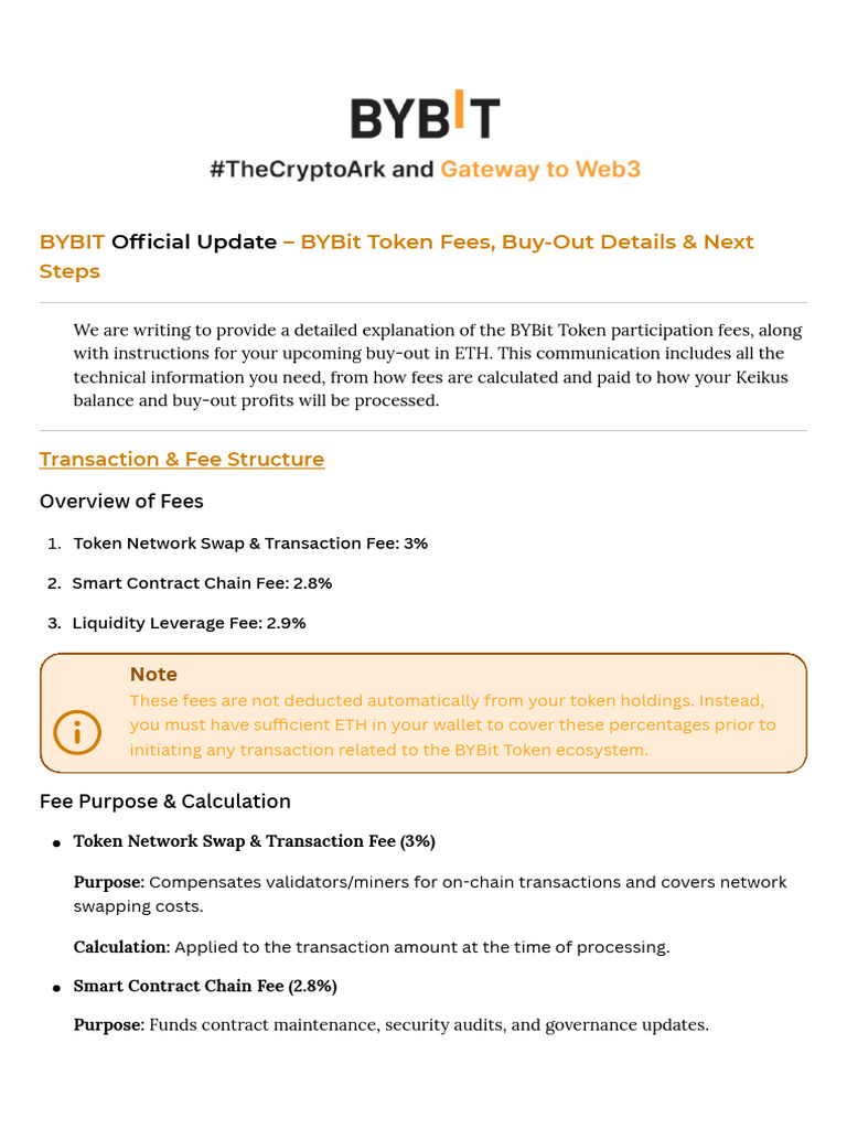 BYBIT Token Fees, Buy-Out Details & Next Steps | PDF | Cryptocurrency | Fee