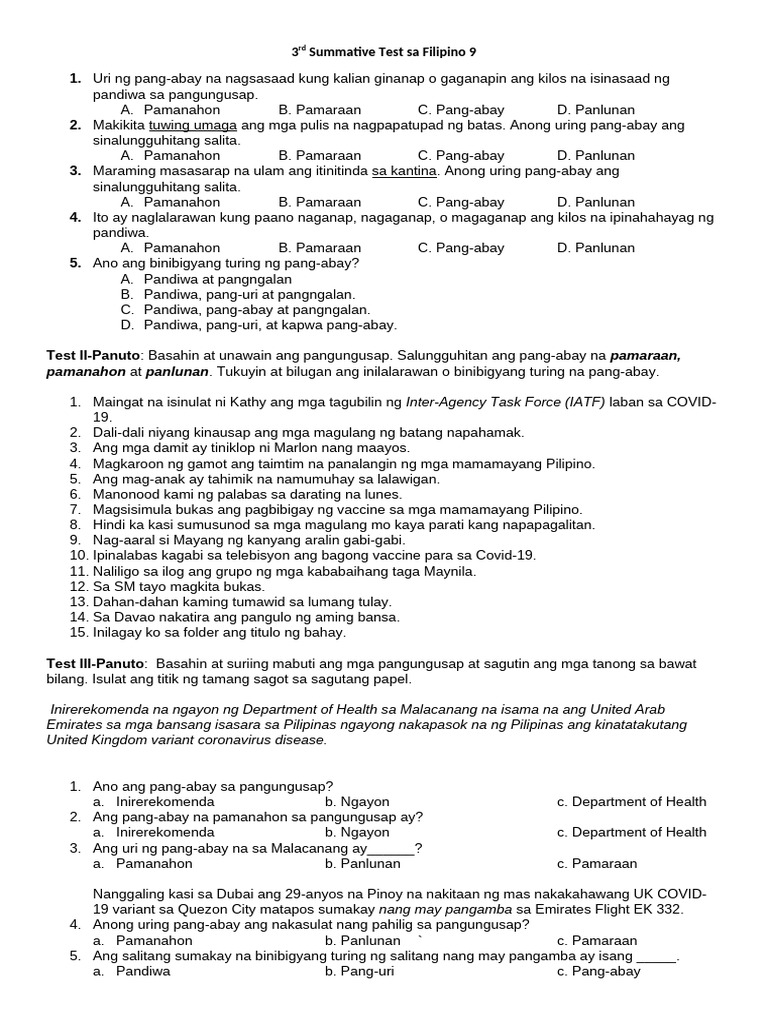 3rd Summative Test Sa Filipino 9 | PDF