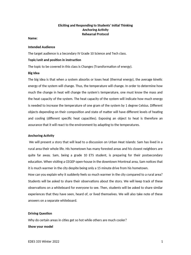 Protocol Eliciting Thinking | PDF | Heat | Heat Capacity