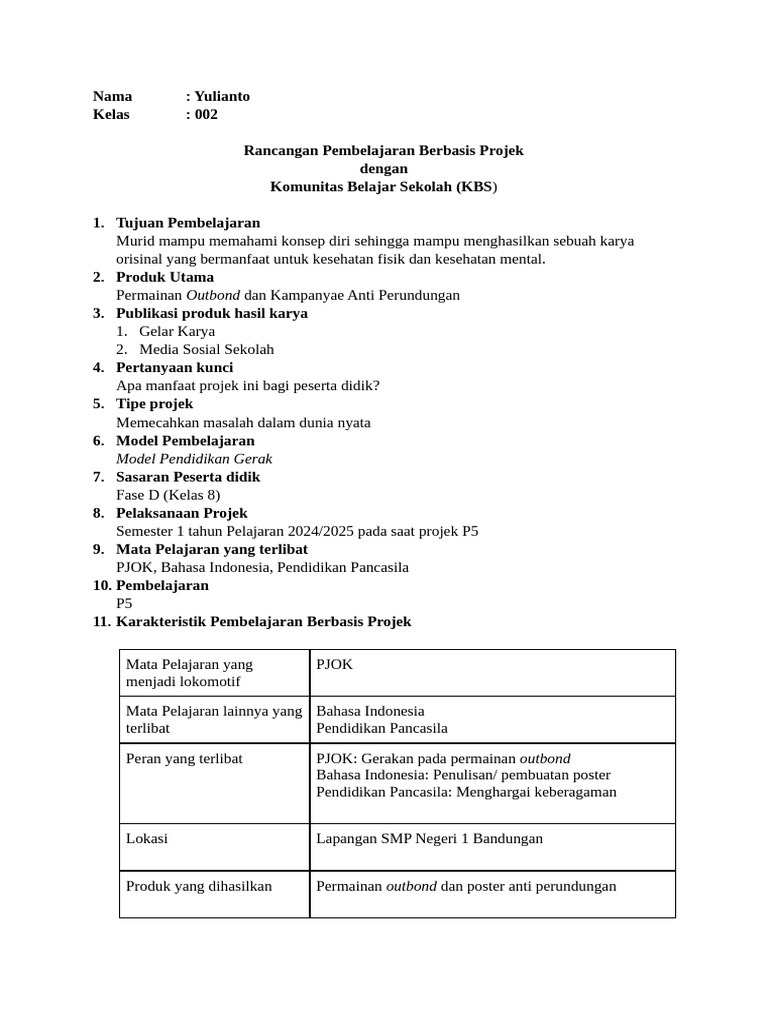 Rancangan Pembelajaran Berbasis Projek Dengan KBS | PDF