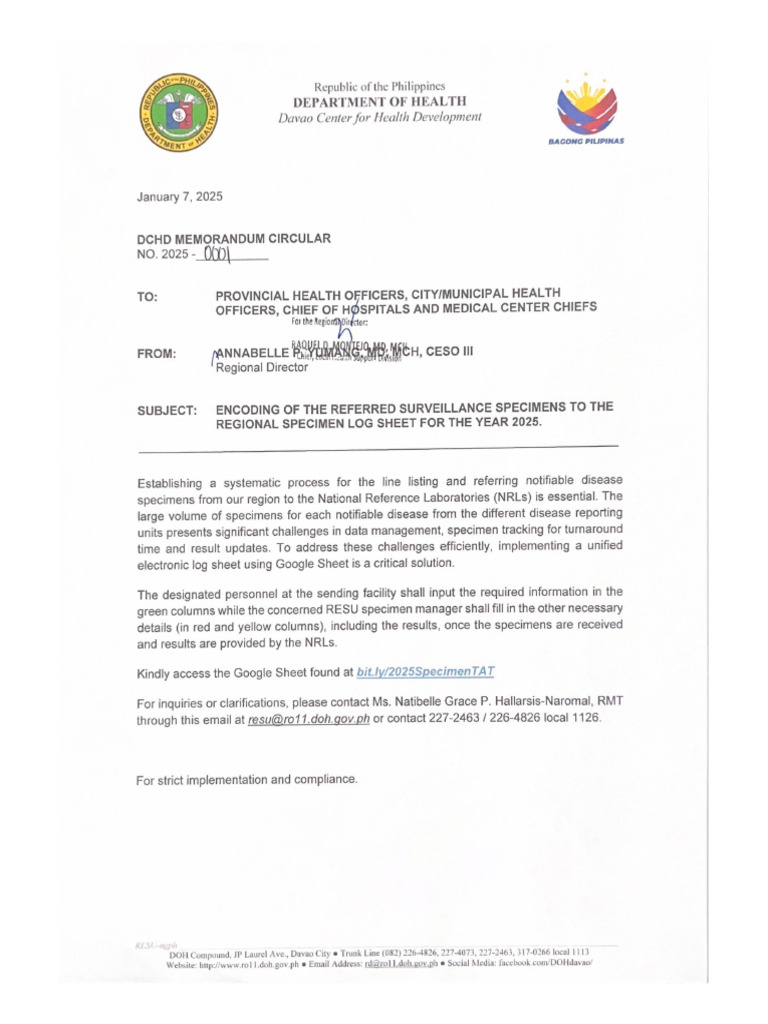 DCHD MC 2025 0001 Encoding of The Referred Surveillance Specimens To ...