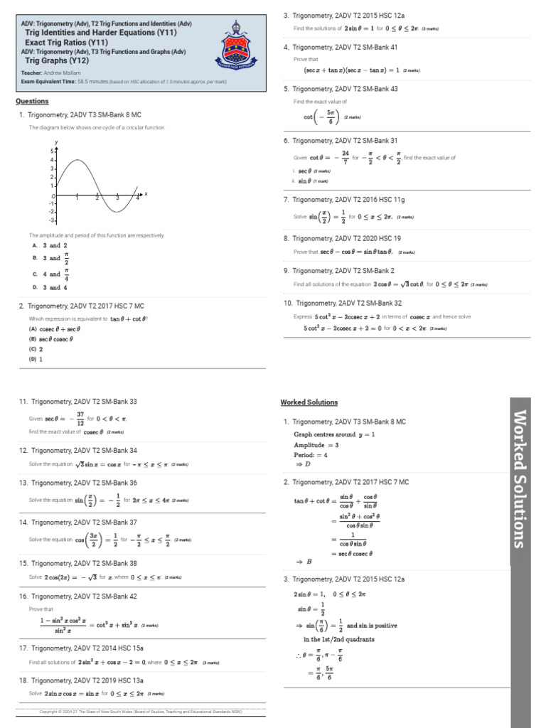 Trig Identities, Equations and Graphs HSC Revision | PDF | Trigonometry ...