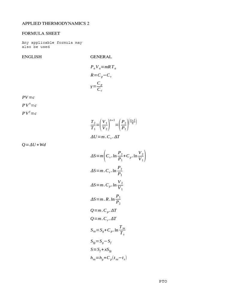 Applied Thermodyanmics 2 Formula Sheet-1 | PDF | Thermodynamics ...
