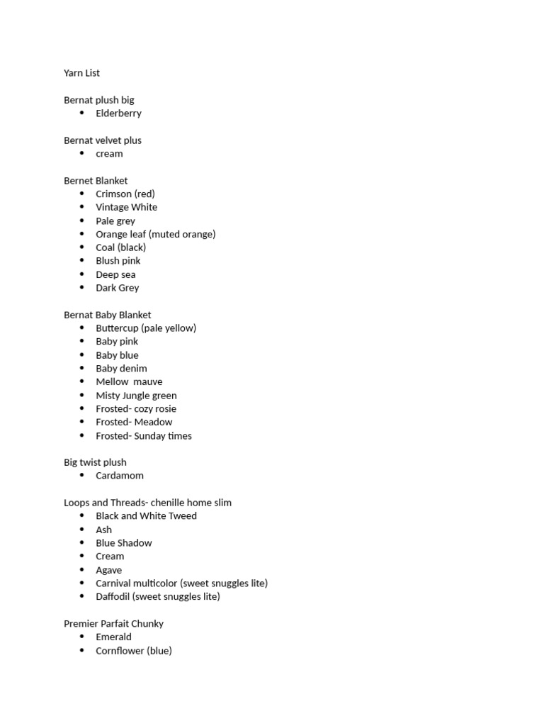 Yarn Color and Type Inventory List | PDF