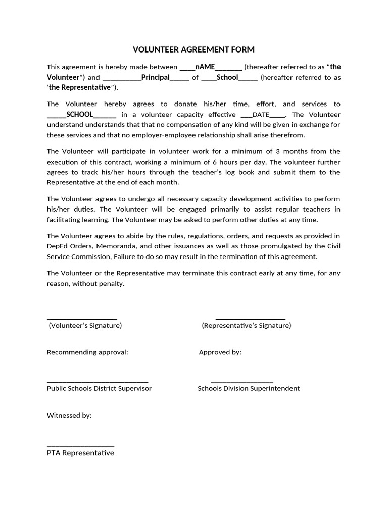 Volunteer Agreement Form | PDF