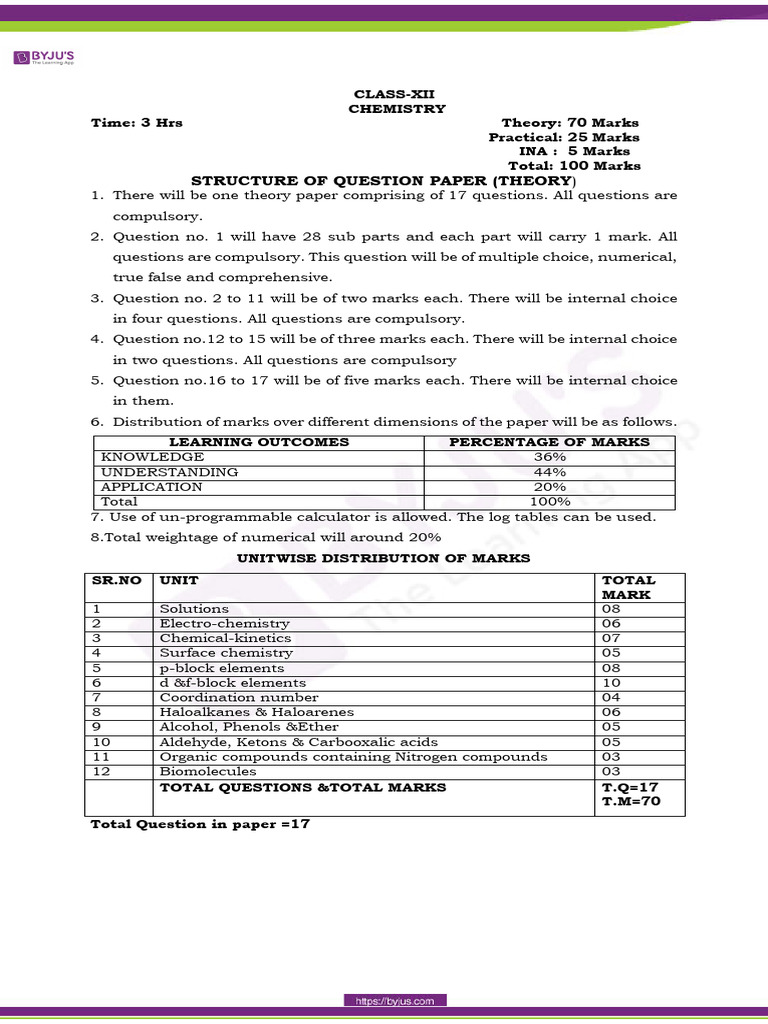 PSEB Class 12 Chemistry New Structure Question Paper Design | PDF | Multiple Choice | Chemistry