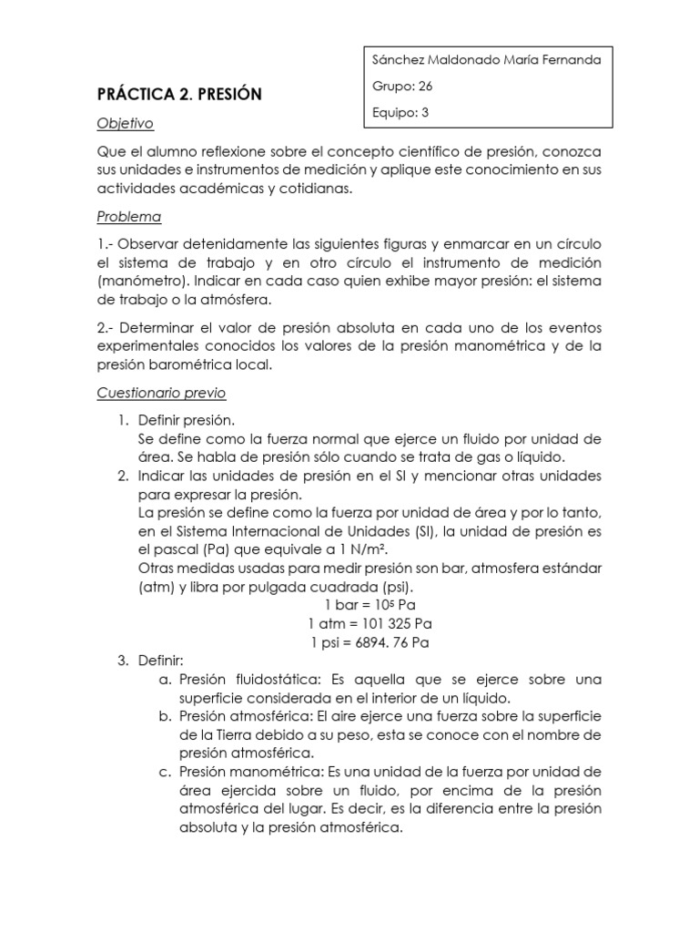 PRÁCTICA 2. PRESIÓN | PDF | Presión | Pascal (Unidad)