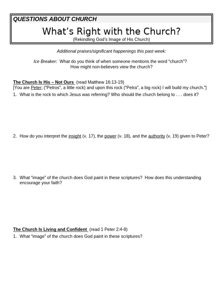 Questions About Church 4 Lessons | PDF | Prayer | Saint Peter