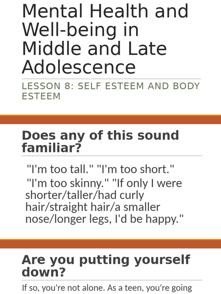 Perdev Lesson 9 - Mental Health - Self Esteem and Body Esteem | PDF | Mental Disorder | Self Esteem