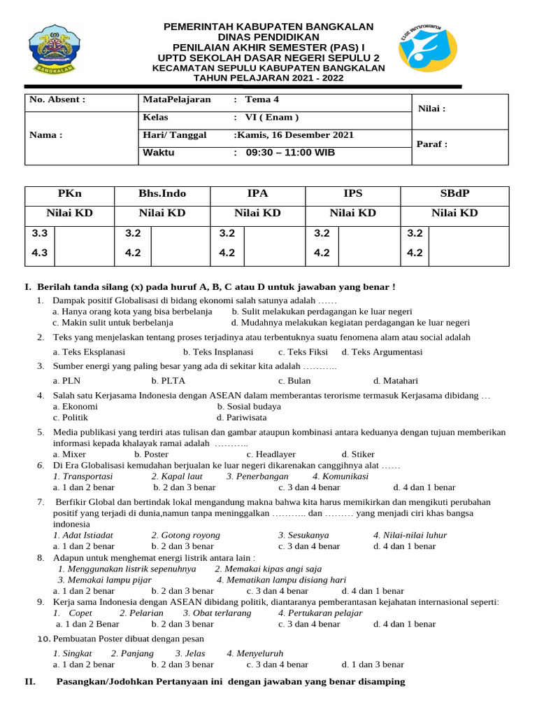 Soal PAS Kelas 6 Semester 1 Tema 4 2021-2022 | PDF