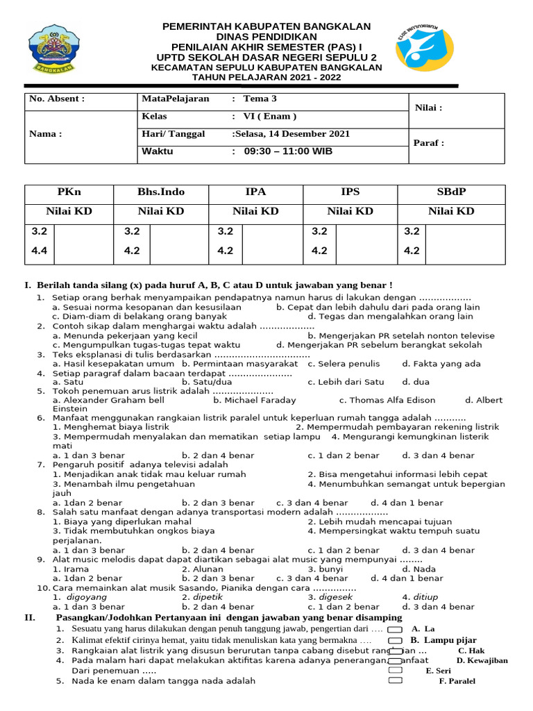 Soal PAS Kelas 6 Semester 1 Tema 3 2021-2022 | PDF