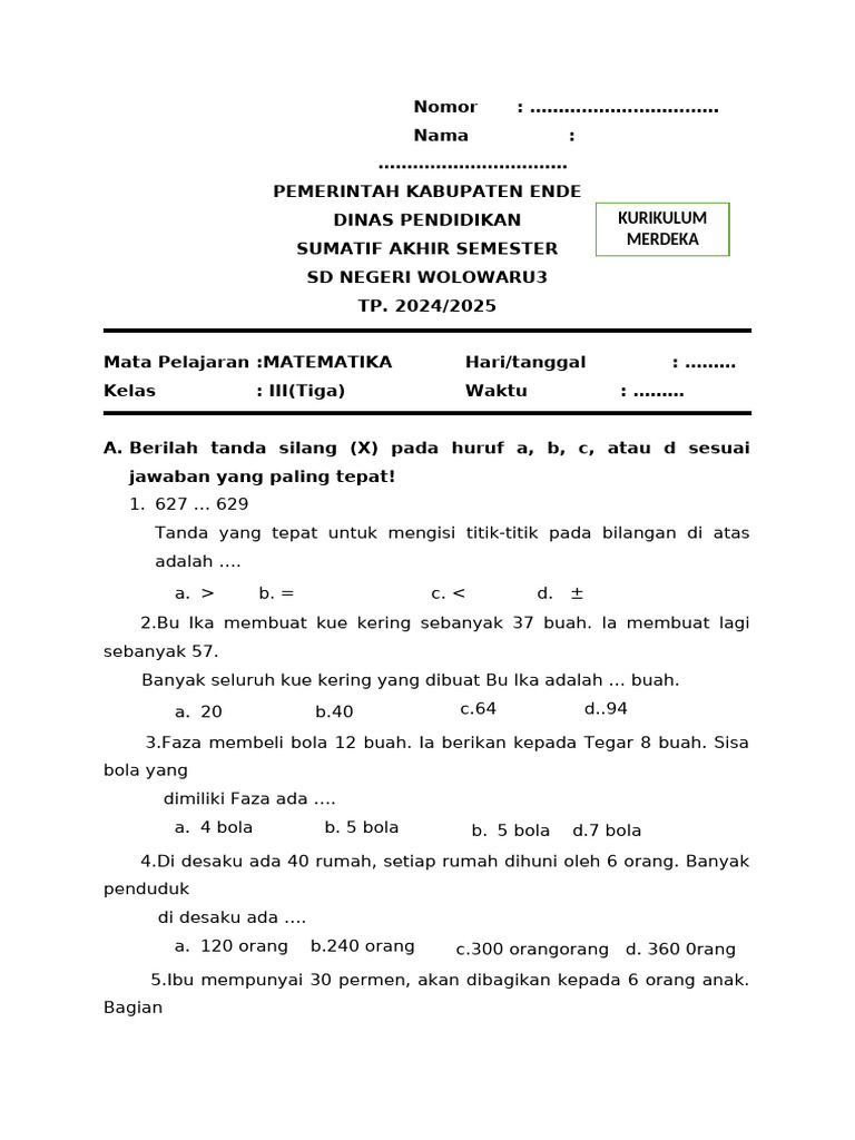 Soal Asas Ganjil Matematika Kelas 3(1) | PDF
