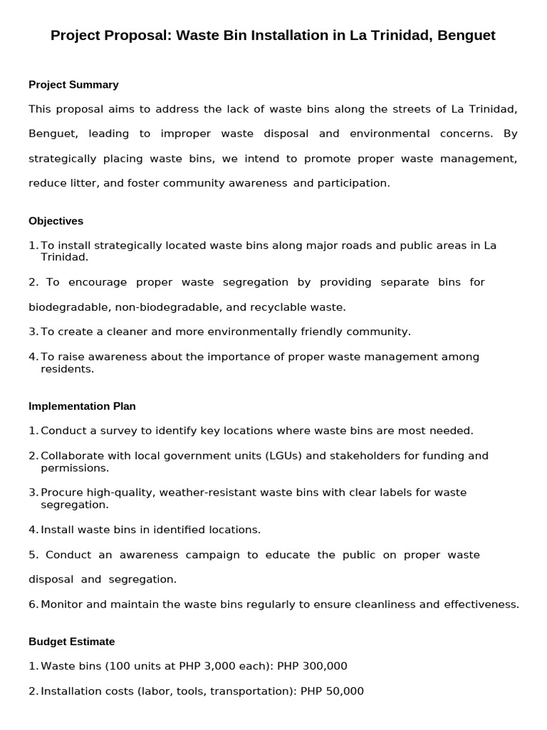 Project Proposal Waste Bin Installation La Trinidad | PDF