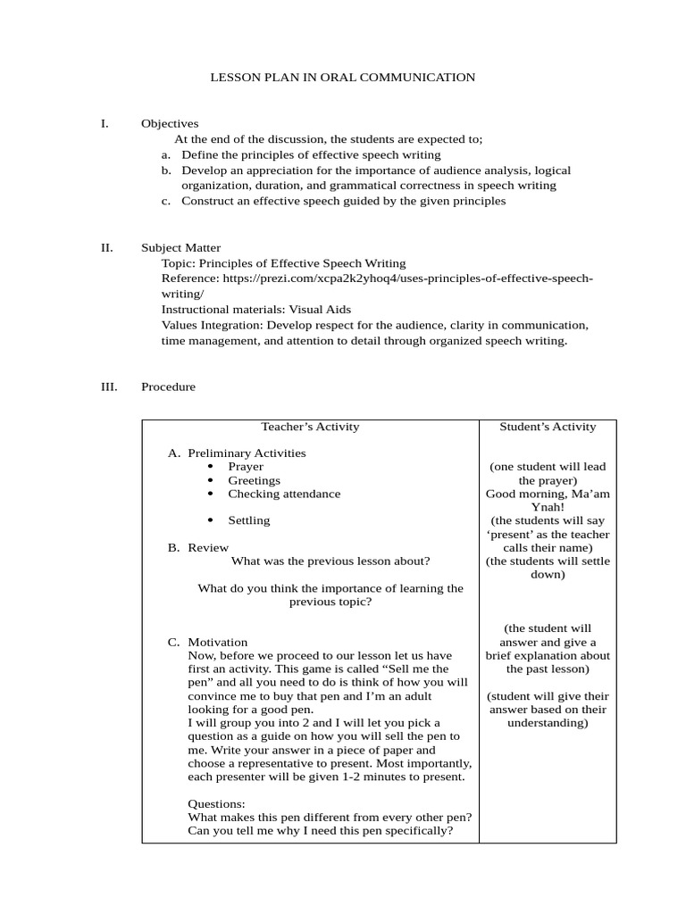 Lesson Plan in Oral Communication | PDF | Grammar | Lesson Plan