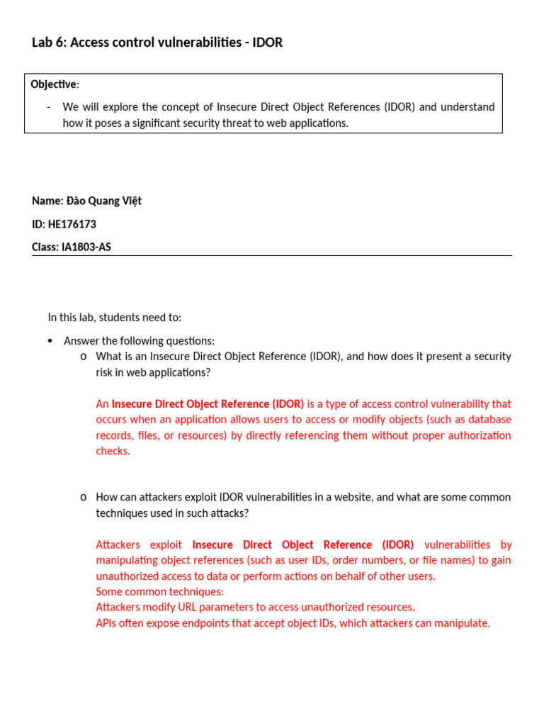 Lab6 Access Control Vulnerabilities - IDOR | PDF | Security | Computer Security