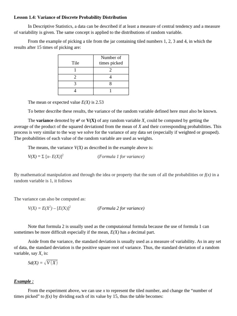 LESSON 4 - Variance of Discrete Probability Distribution | PDF | Variance | Expected Value