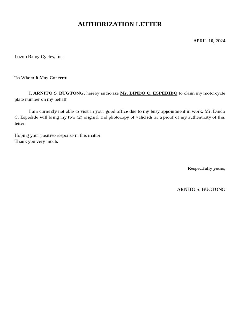 Authorization Letter for Motorcycle Claim | PDF
