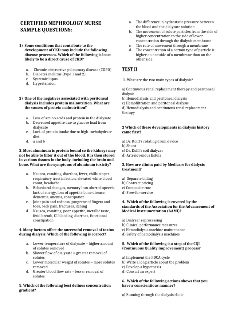 CNN Sample Questions | PDF | Hemodialysis | Chronic Kidney Disease