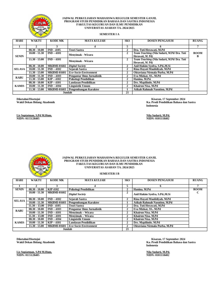 Jadwal Perkuliahan Ganjil 2024 Fix | PDF