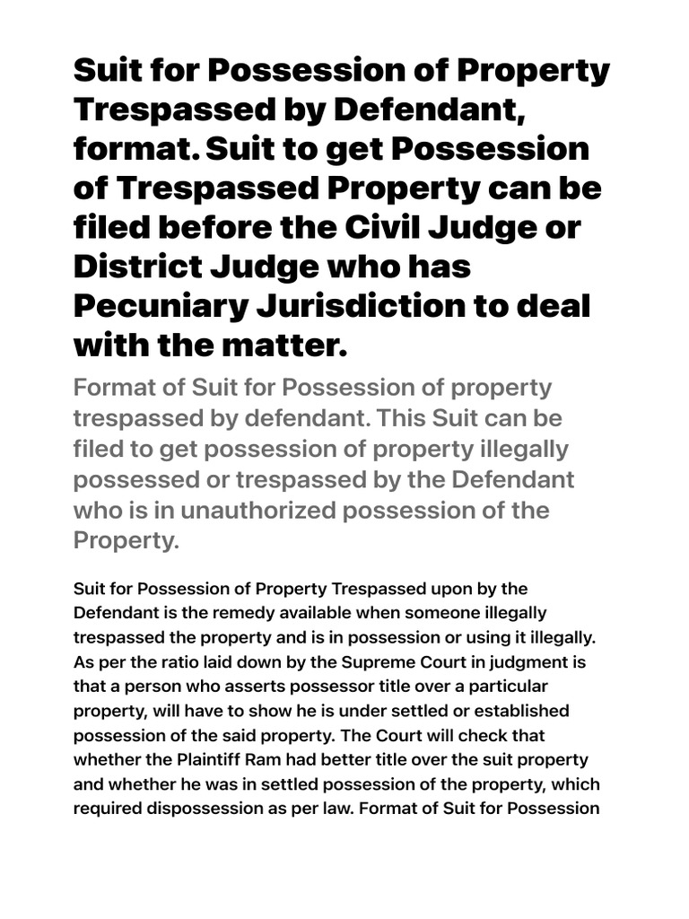 Suit To Get Possession of Property Trespassed Format of Plaint As Per ...