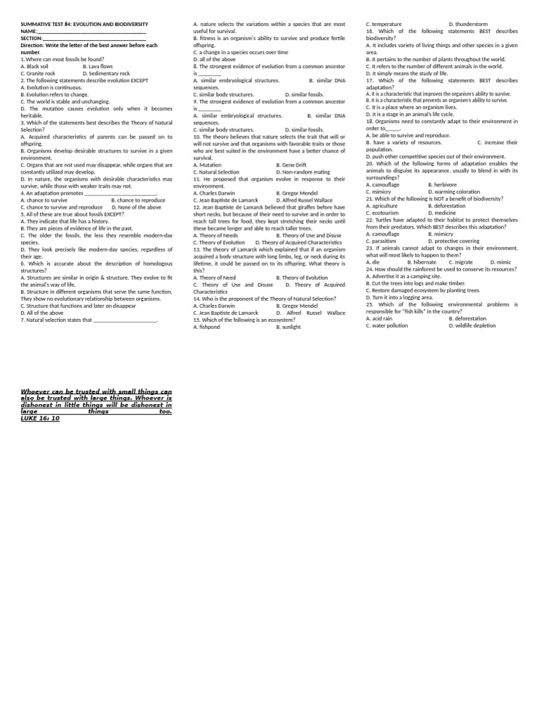Summative Test #4 Evolution and Biodiversity | PDF | Evolution | Adaptation