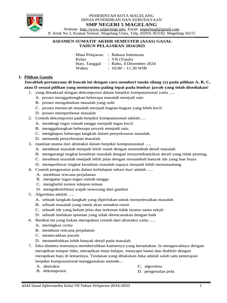 SOAL ASAS GASAL INFORMATIKA 2024-2025 | PDF